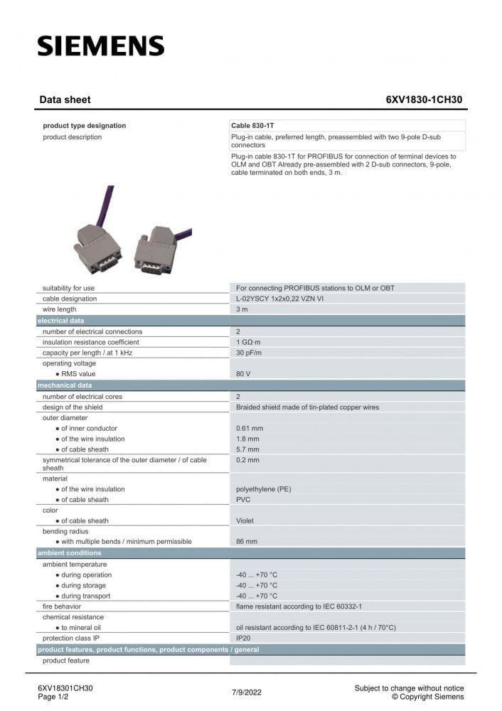 SIEMENS 6XV18301CH30 datasheet page 1