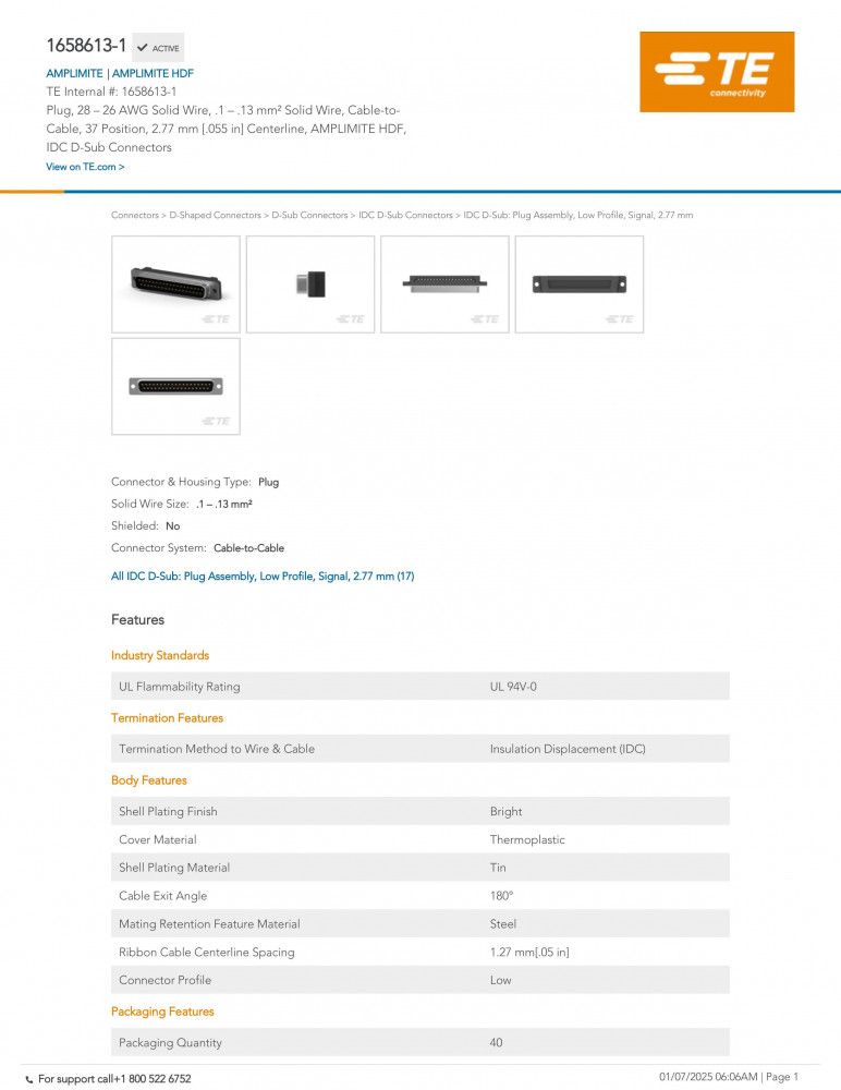TE Connectivity 1658613-1 technical document page 1