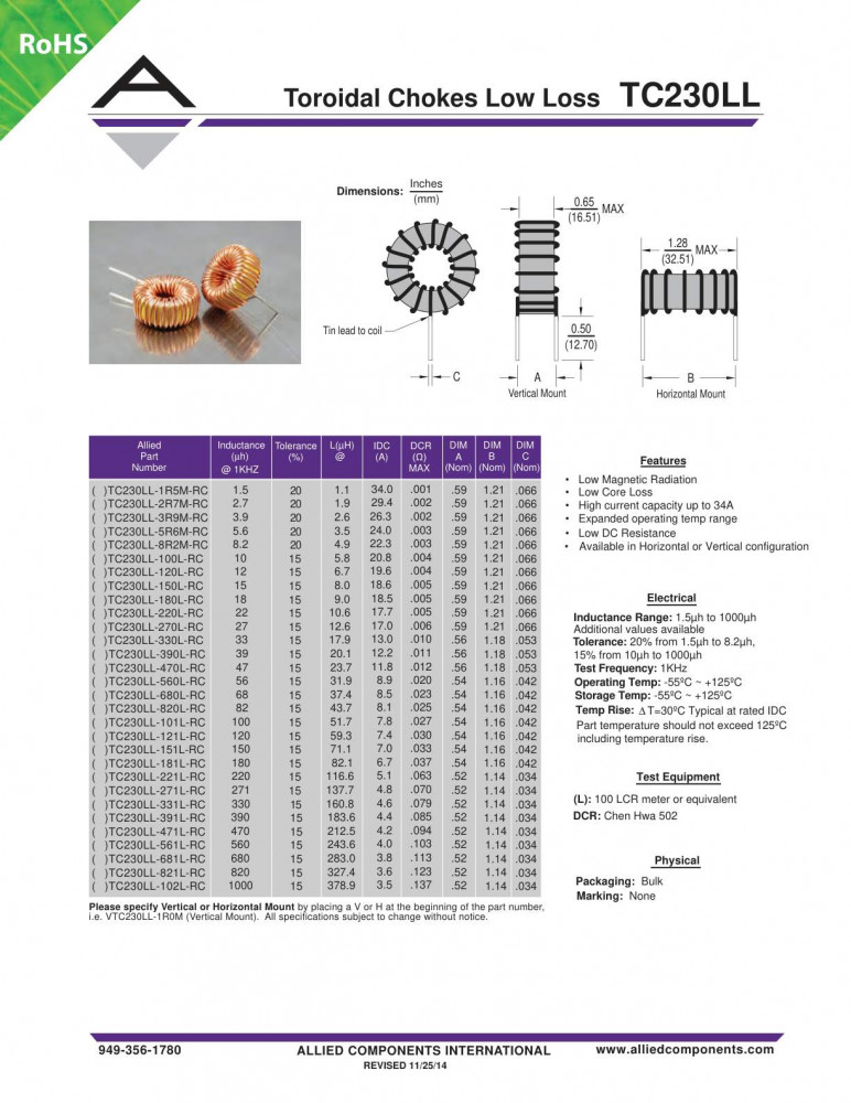 Allied Components International TC230LL series product datasheet page