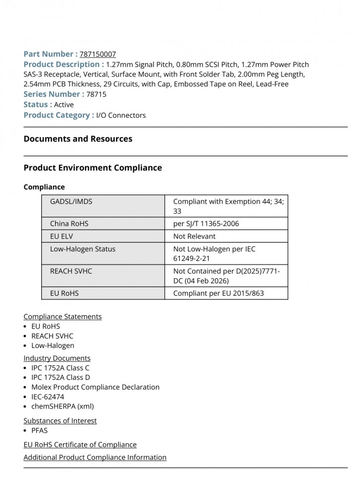 MOLEX 787150007 product document page 1