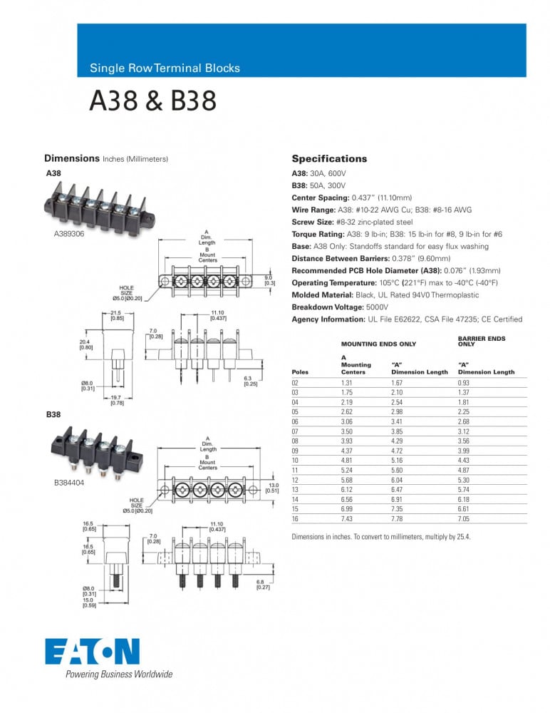 EATON A38 and B38 terminal block specifications