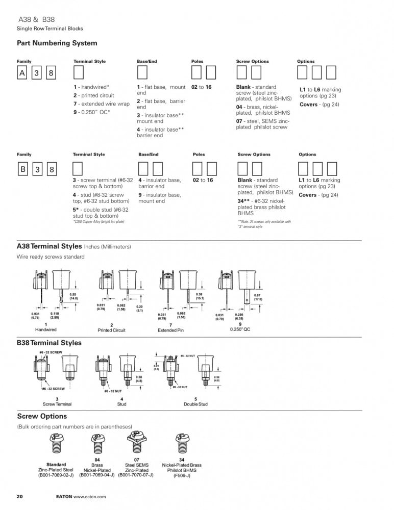 EATON A38 and B38 part numbering and terminal styles