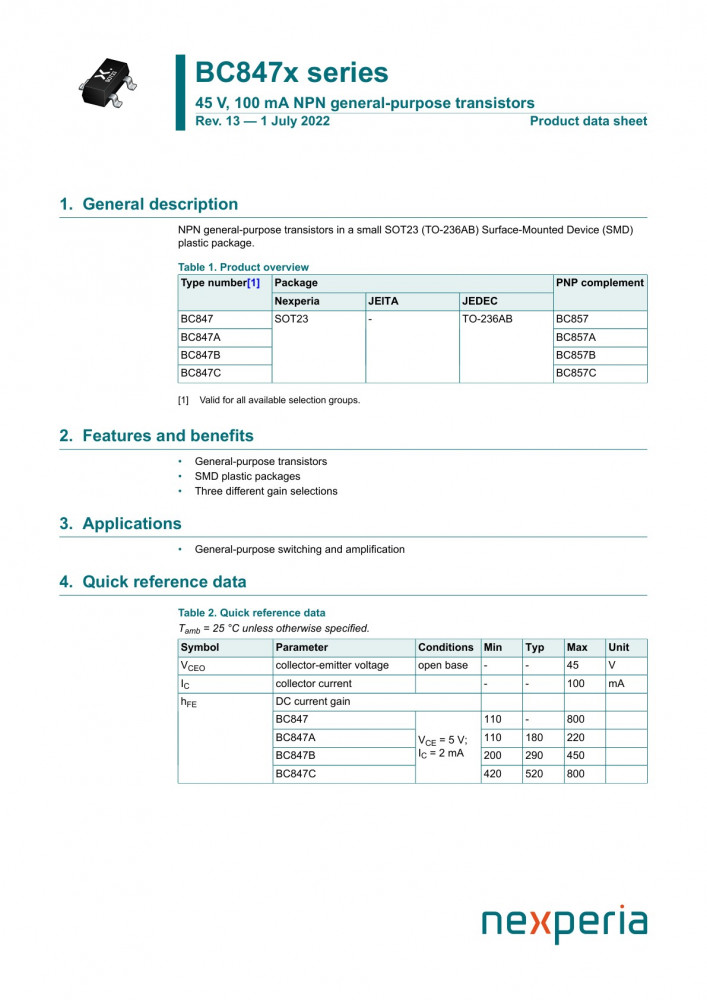 BC847 datasheet page 1