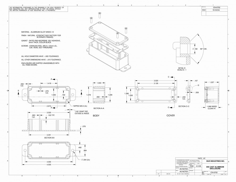 Bud Industries CN-6702 die-cast enclosure technical drawing