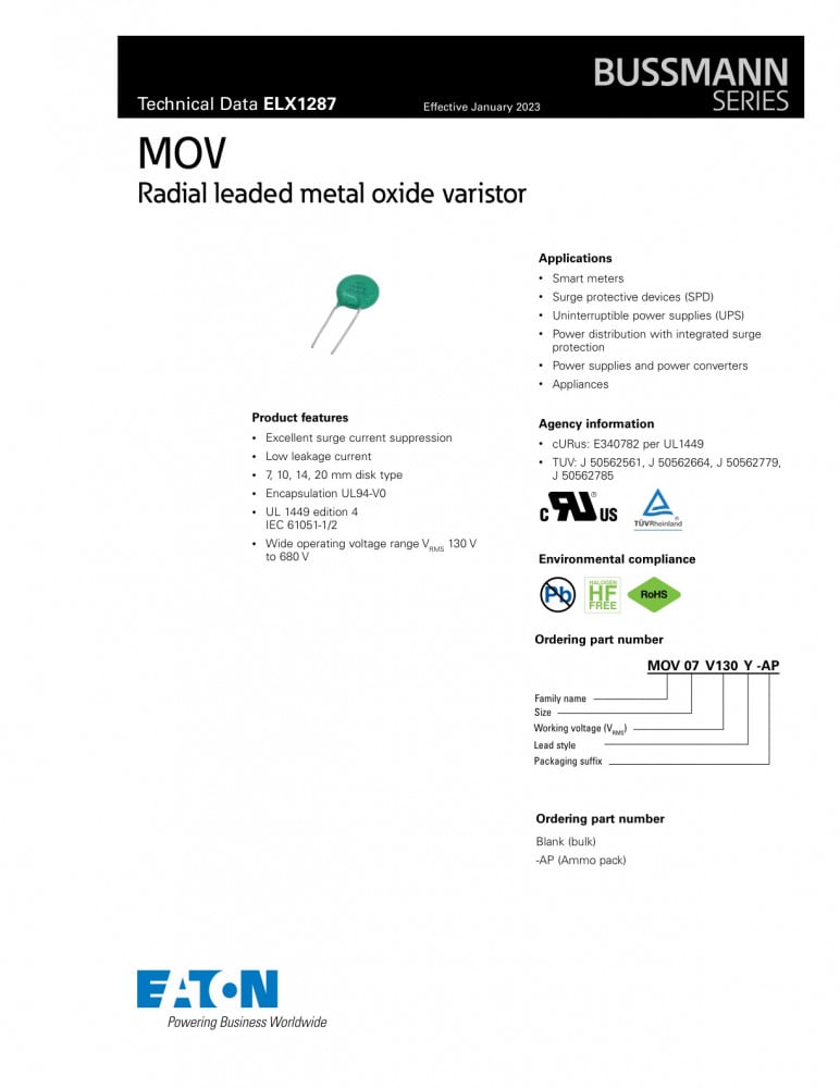 EATON MOV series datasheet page 1