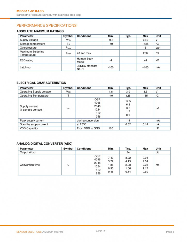 MS5611 datasheet page 3