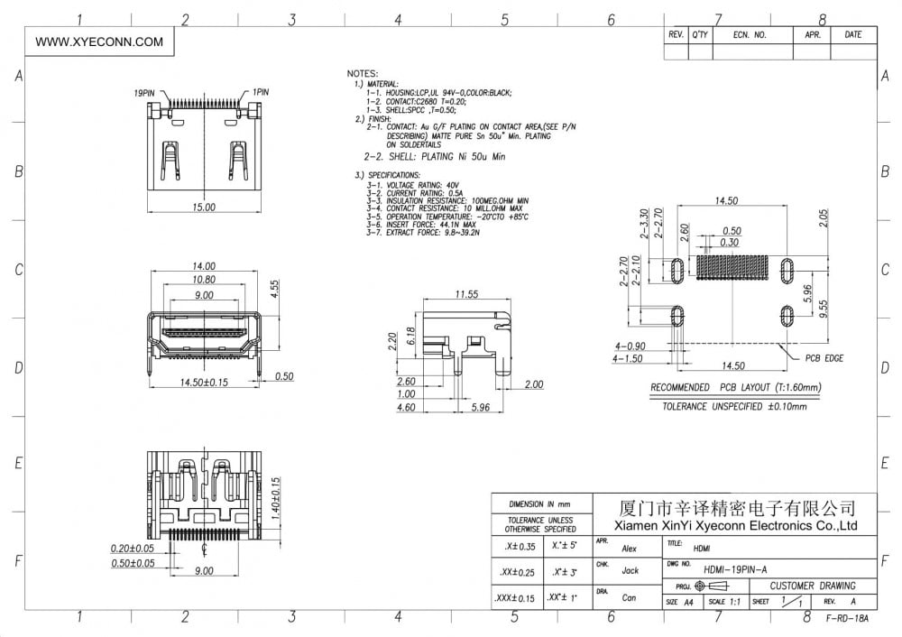 HDMI-19PIN-A technical drawing page 1