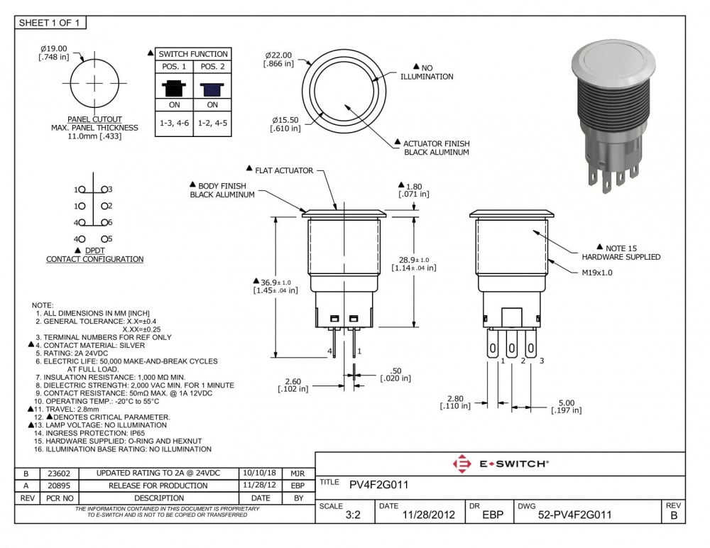 E-Switch PV4F2G011 official drawing