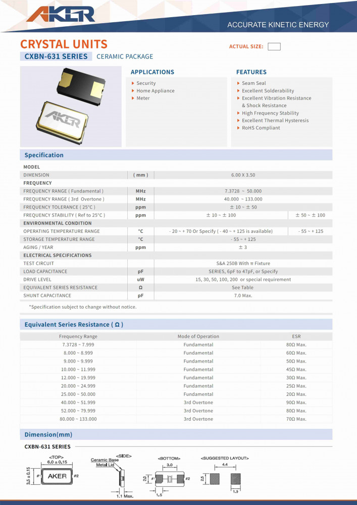 AKER CXBN-631 SERIES product specification document page