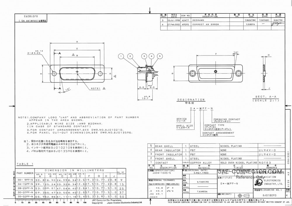 JAE DE-9PF-N technical drawing
