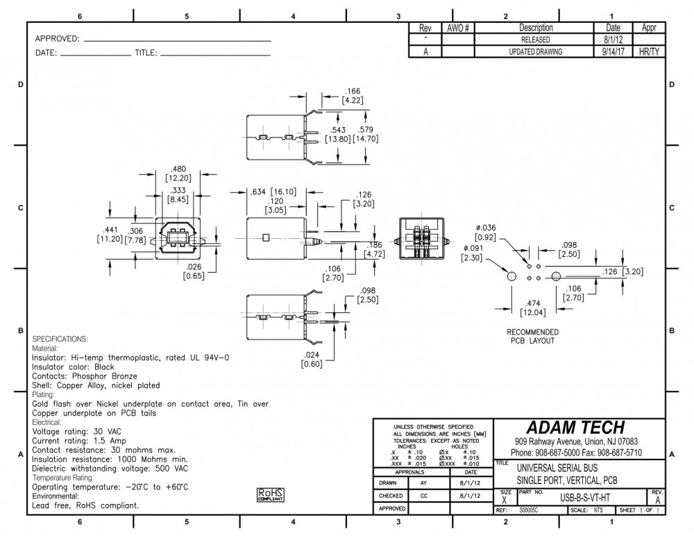 ADAM TECH USB-B-S-VT-HT product drawing