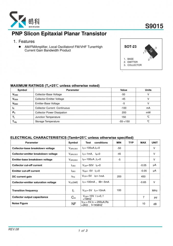 S9015 datasheet page 1