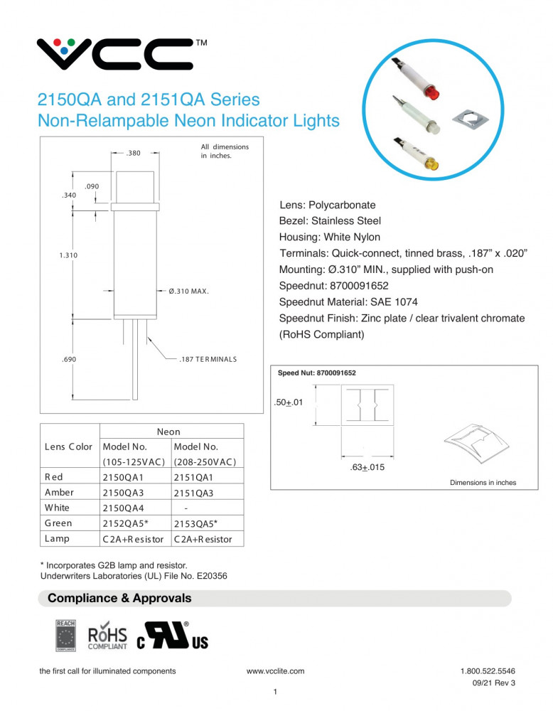 VCC 2150QA and 2151QA series product document, including model and construction information