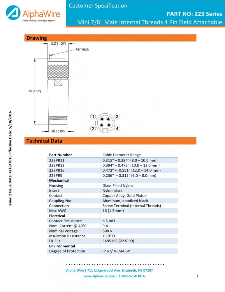 Alpha Wire 223PR16 NC032 product drawing