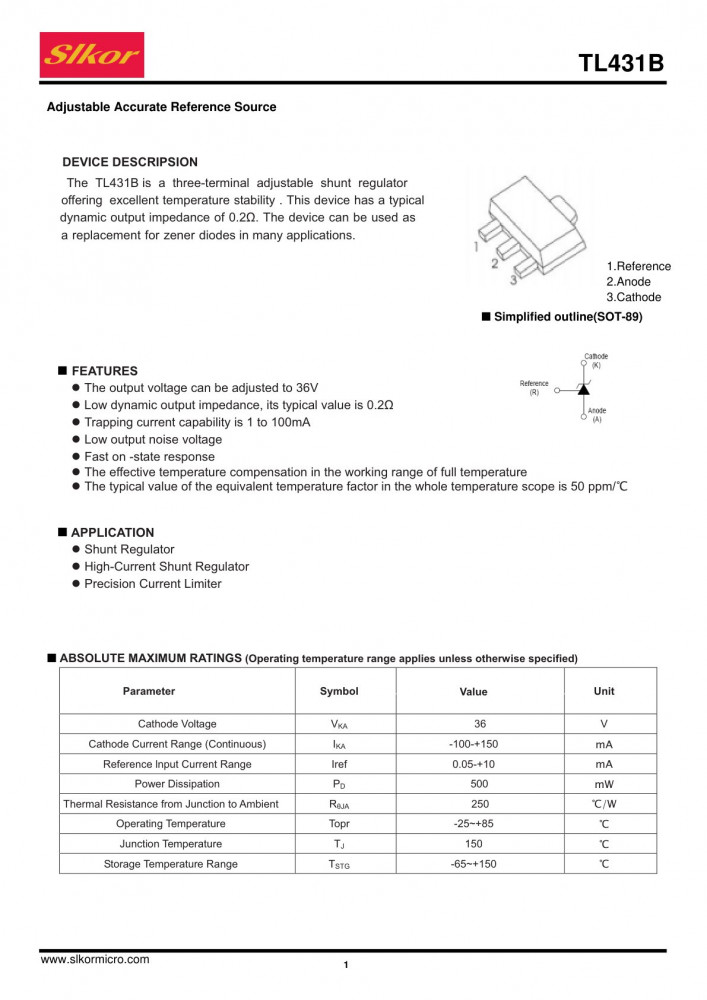 SLKOR TL431B datasheet page 1