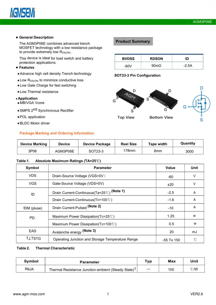 AGM3P06E datasheet page 1