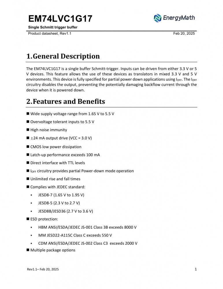 EM74LVC1G17GW datasheet page 1