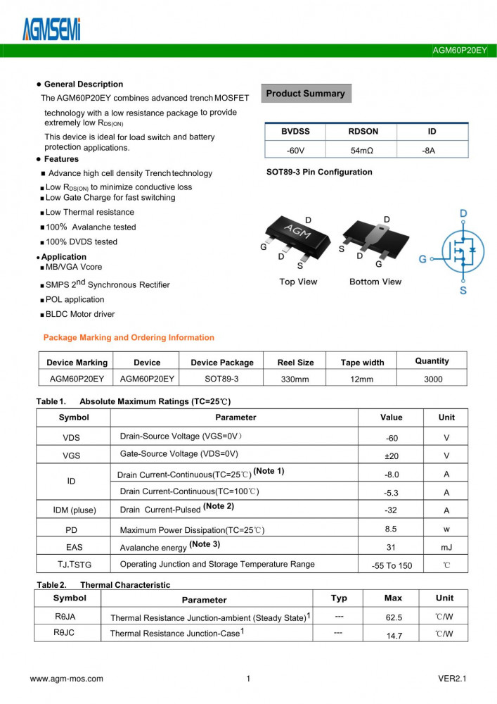 AGM60P20EY datasheet page 1