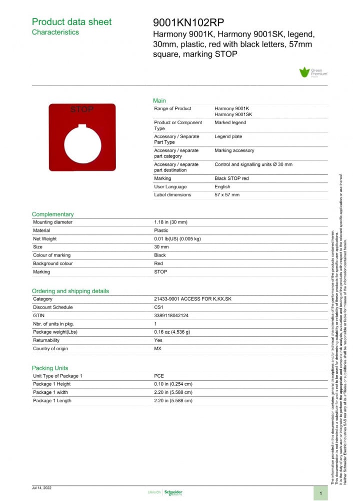 9001KN102RP technical document page 1