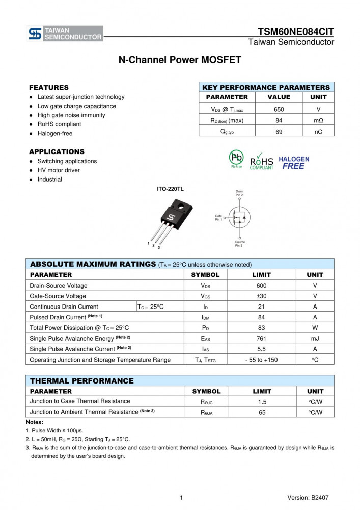 TSM60NE084CIT datasheet page 1