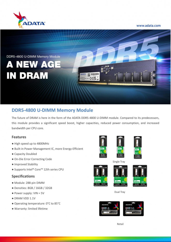ADATA DDR5-4800 U-DIMM technical document page 1