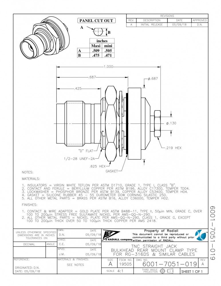 Radiall 6001-7051-019 TNC bulkhead connector drawing preview