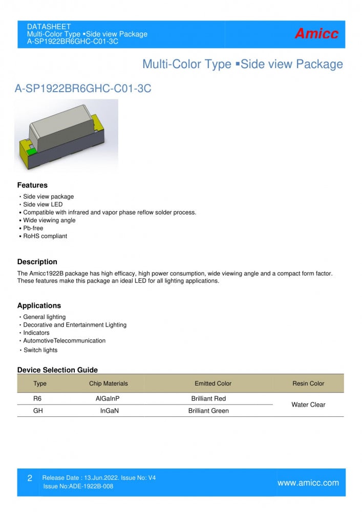 Amicc A-SP1922BR6GHC-C01-3C datasheet page 2
