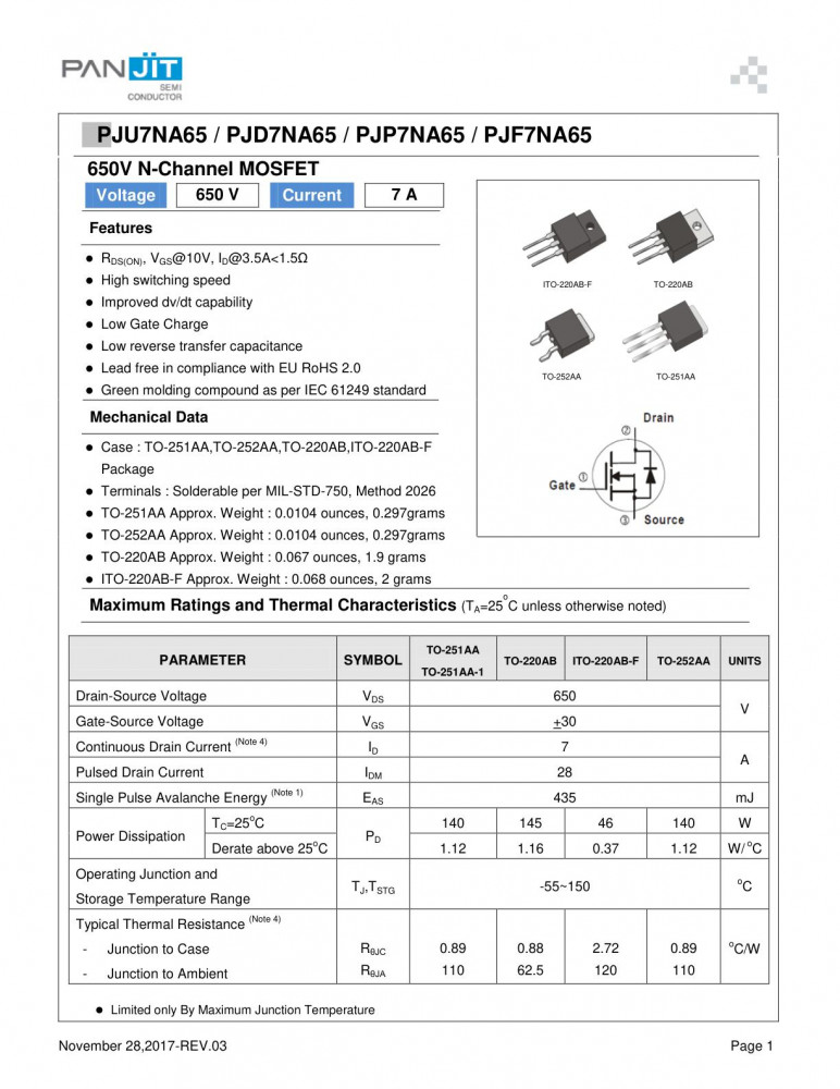 PANJIT PJD7NA65 datasheet page 1