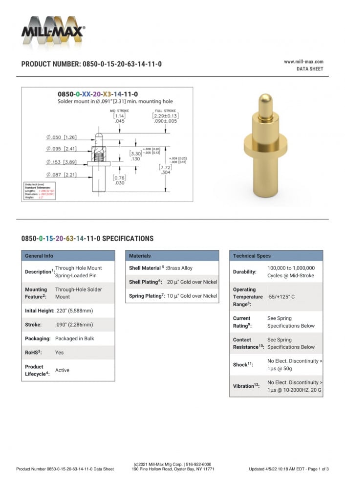 Mill-Max 0850-0-15-20-63-14-11-0 technical document page 1