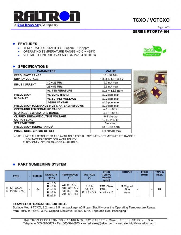 Raltron RTX-104 series technical page