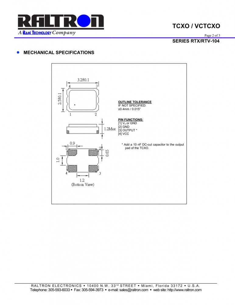Raltron RTX-104 package and pinout page