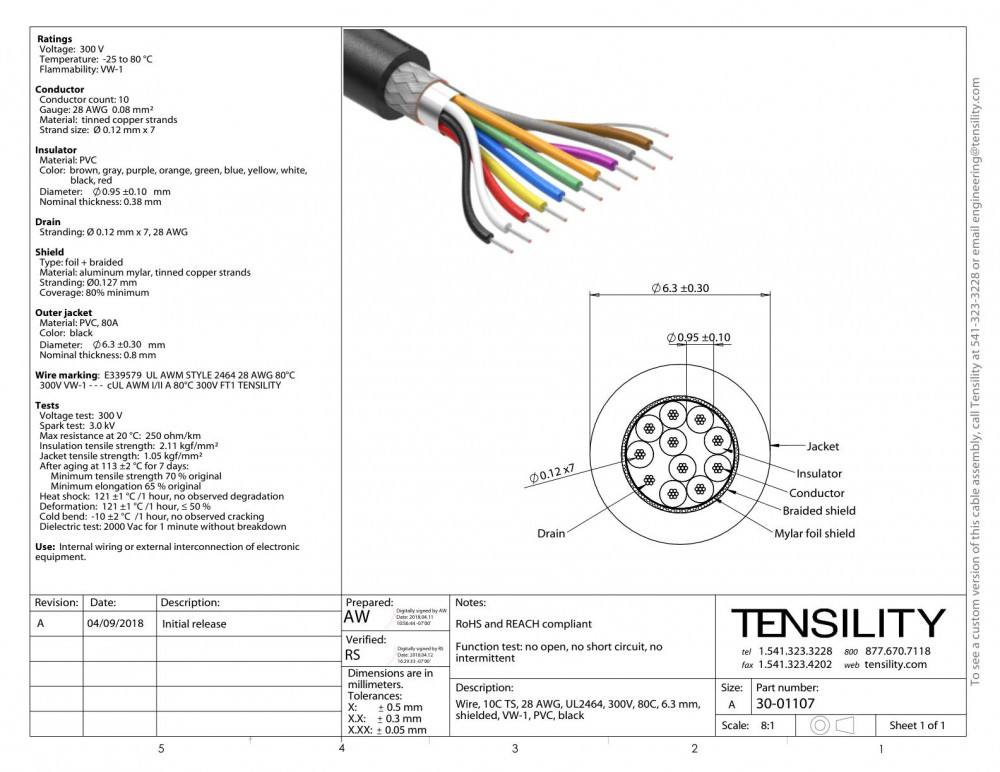 Tensility International 30-01107 cable product drawing