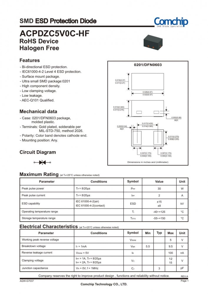 ACPDZC5V0C-HF datasheet page 1