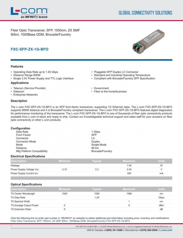 FXC-SFP-ZX-1G-BFO datasheet page 1