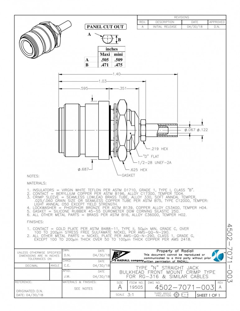 Radiall 4502-7071-003 product drawing page