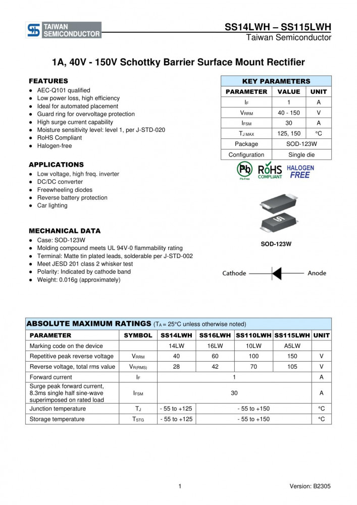 SS14LWH datasheet page 1