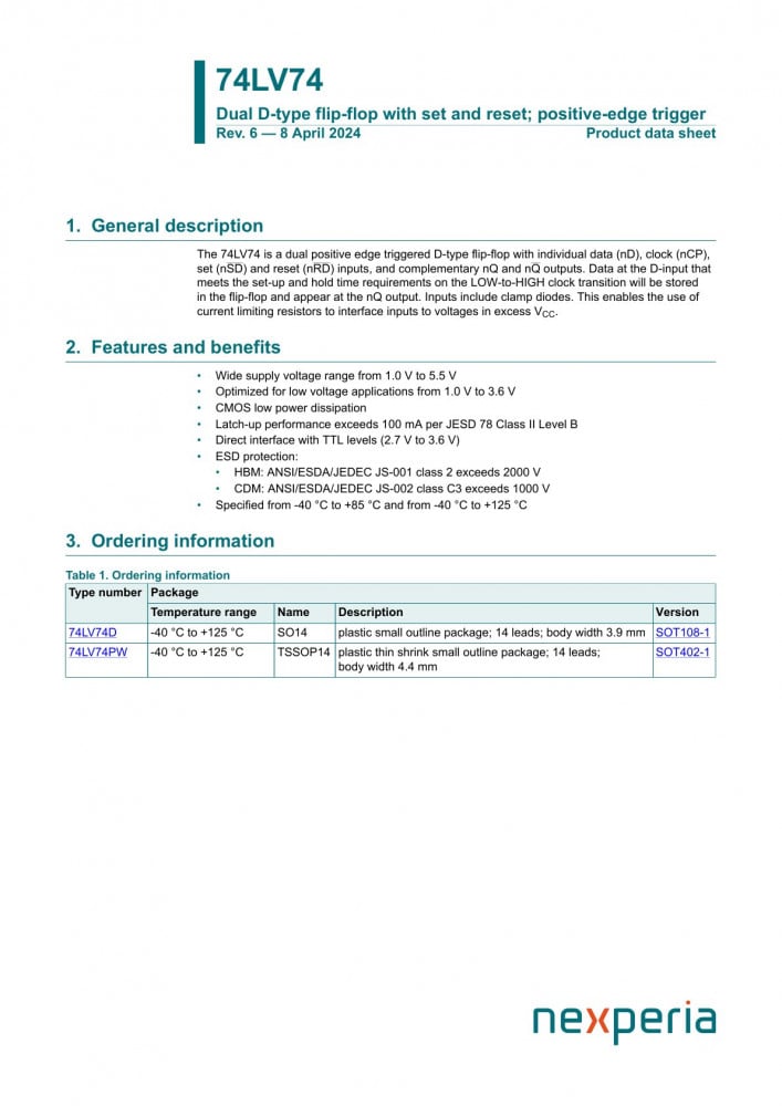 74LV74 datasheet page 1