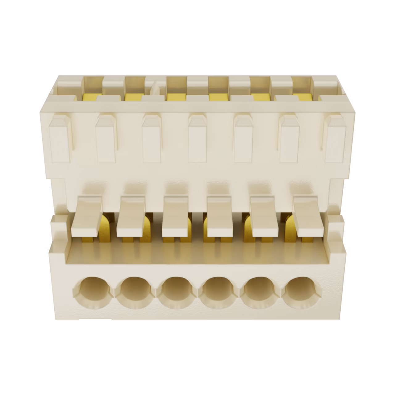 Appli-Mate RAST 2.5 Connector, 2.50mm Pitch, Female, 6 Circuits, Polarizing Rib Between 2/3, Locking Pips, Slotted Endwalls, Gold Plating for sale