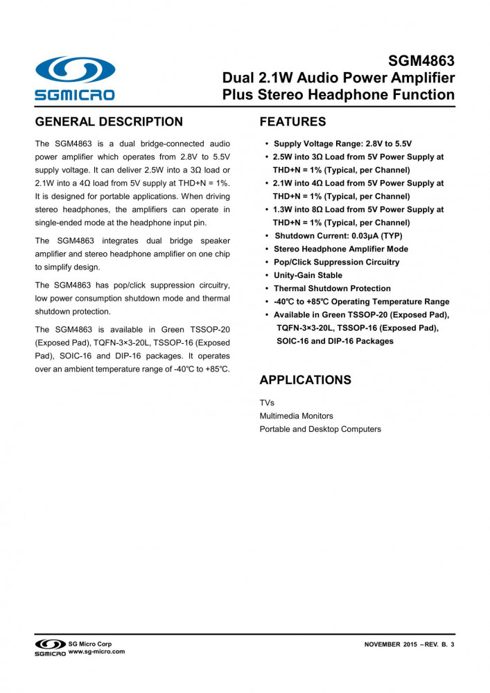 SGM4863 datasheet page 1