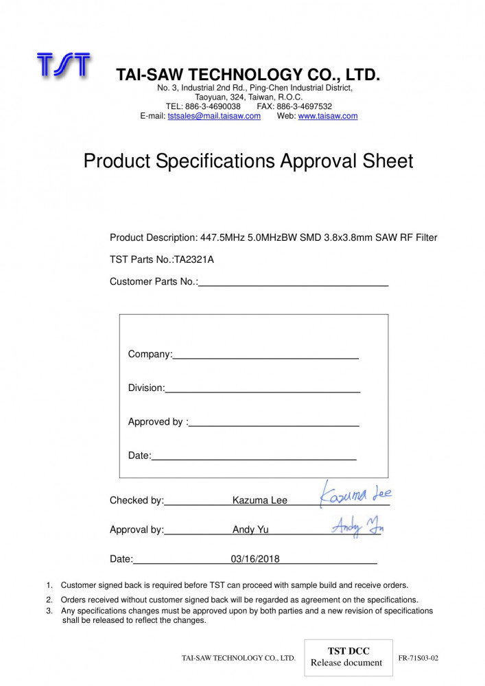 TA2321A specification sheet page 1