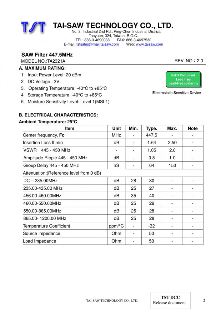 TA2321A specification sheet page 2