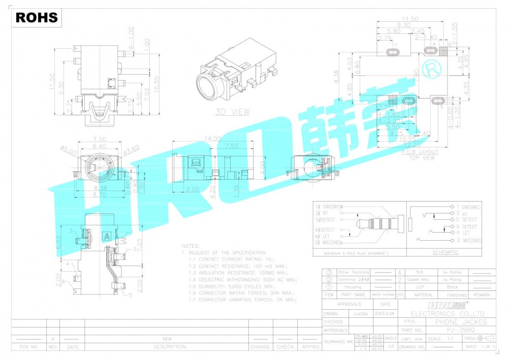 Korean Hroparts Elec PJ-399Q phone jack technical drawing