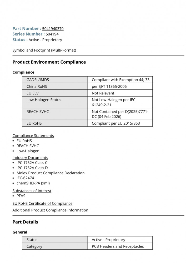 Technical document page 1 for MOLEX 5041940370