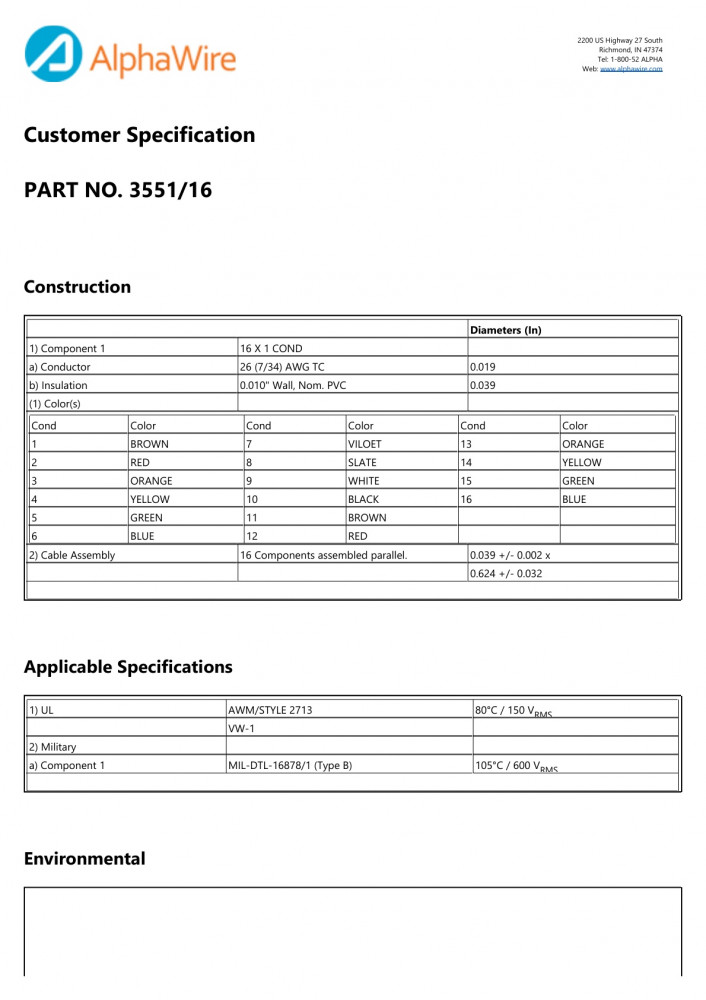 Alpha Wire 3551/16 technical document page 1