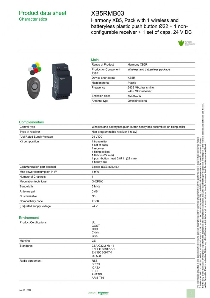XB5RMB03 technical document page 1