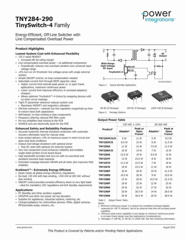 TNY285DG datasheet page 1