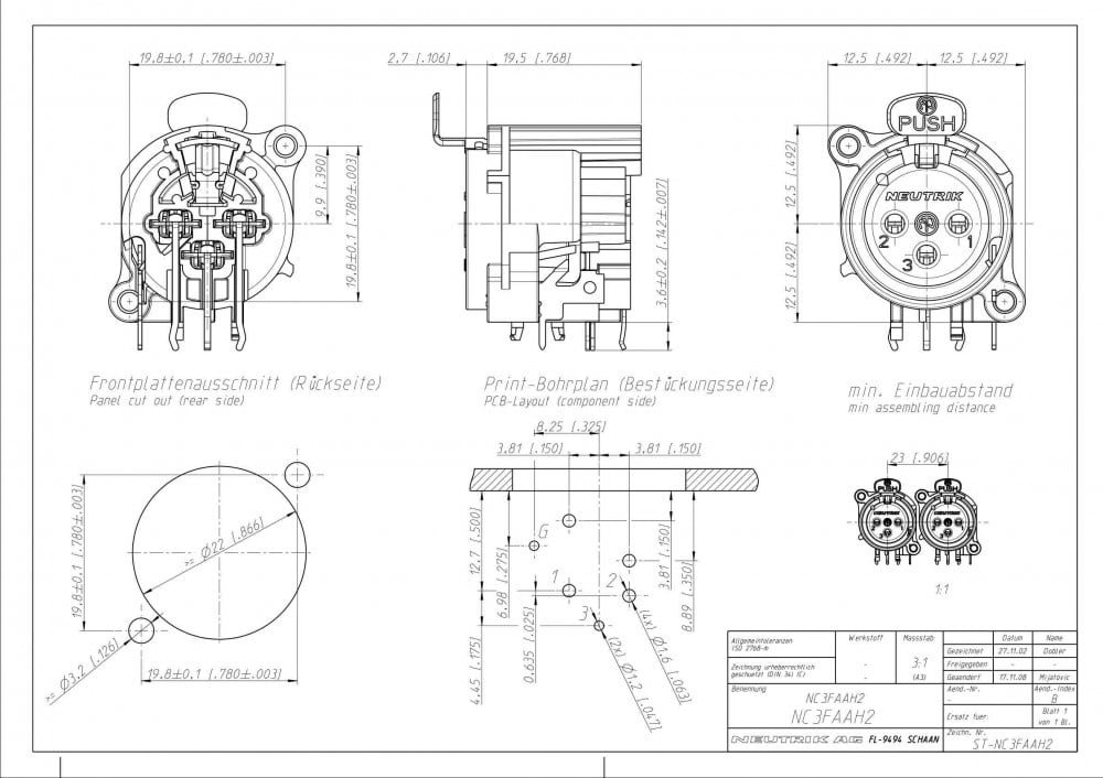Neutrik NC3FAAH2 technical drawing