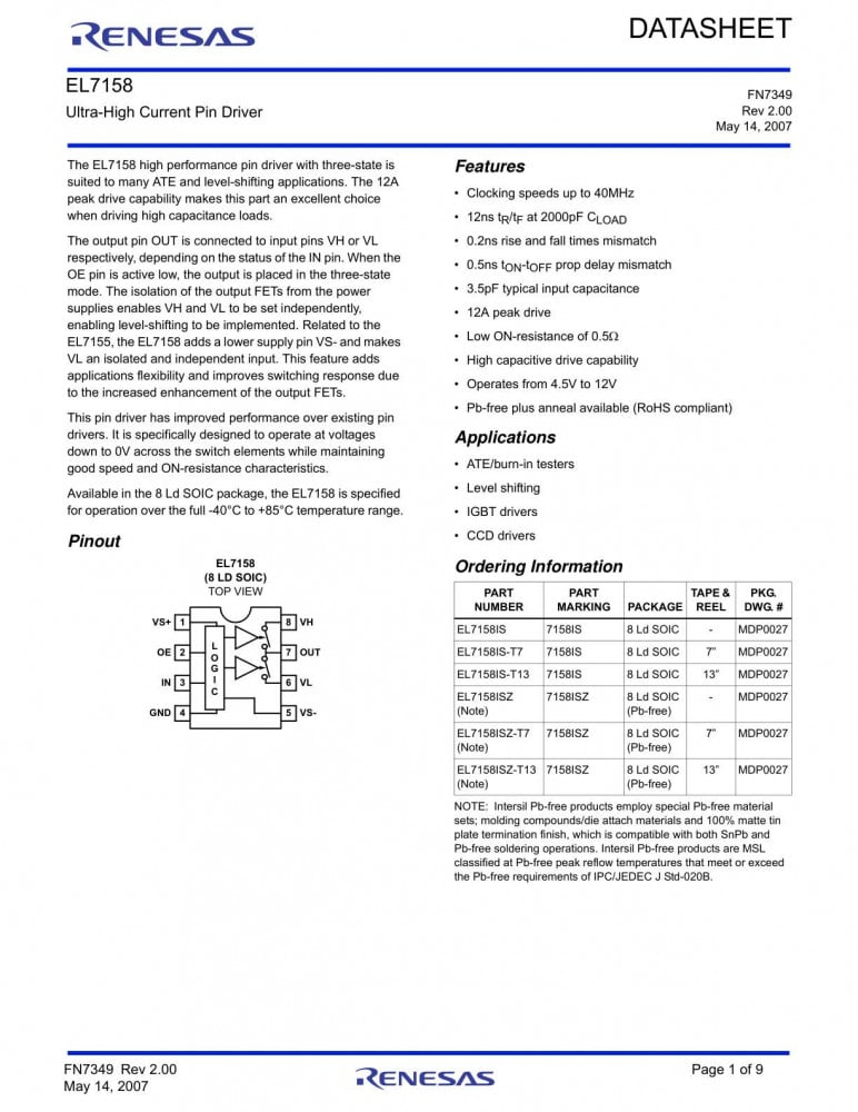 EL7158 datasheet page 1