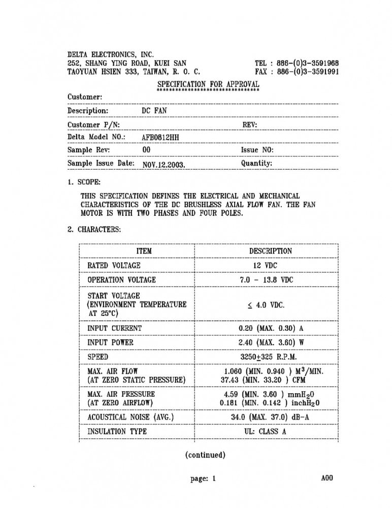 AFB0812HH specification page 1