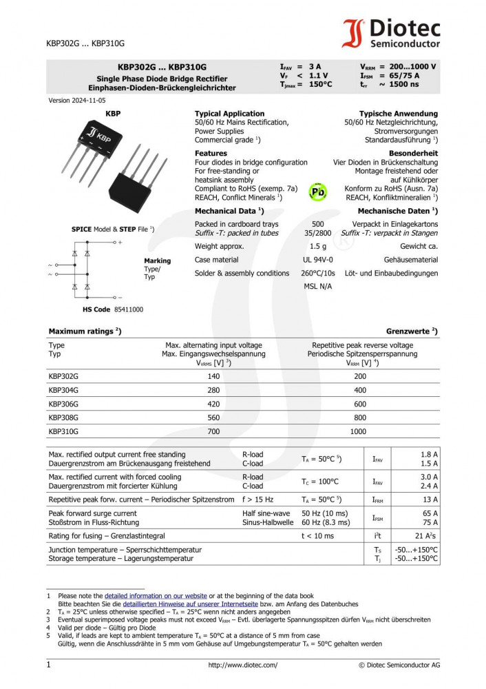 DIOTEC KBP302G datasheet page 1